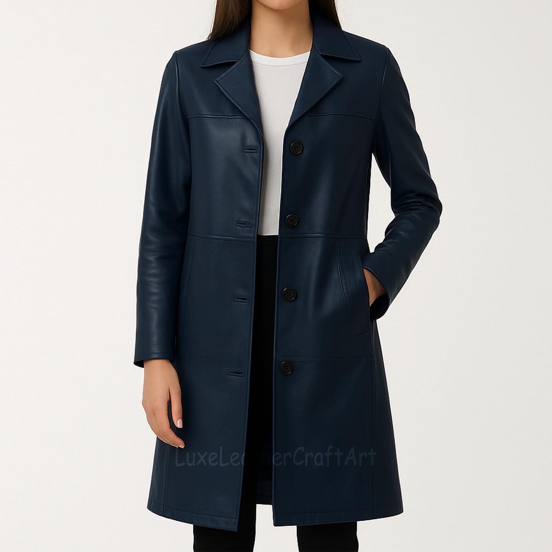 Handmade Womens Blue Leather Trench Coat, Trench Coat Women, Fall ...