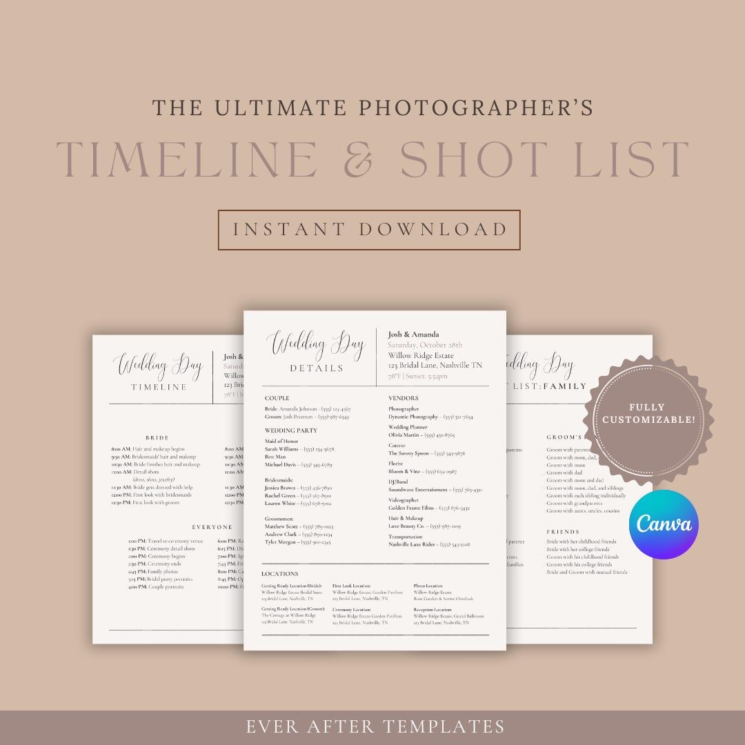 Wedding Day Timeline Template for Photographers, Planners and Brides ...