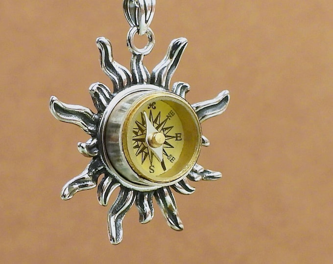 Silver Sun Compass Necklace Small Working Compass Charm Necklace Boho ...
