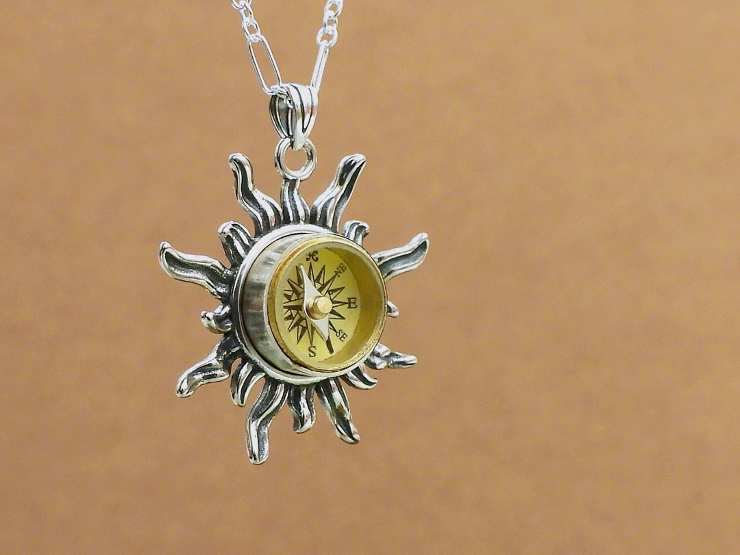 Silver Sun Compass Necklace Small Working Compass Charm Necklace Boho ...