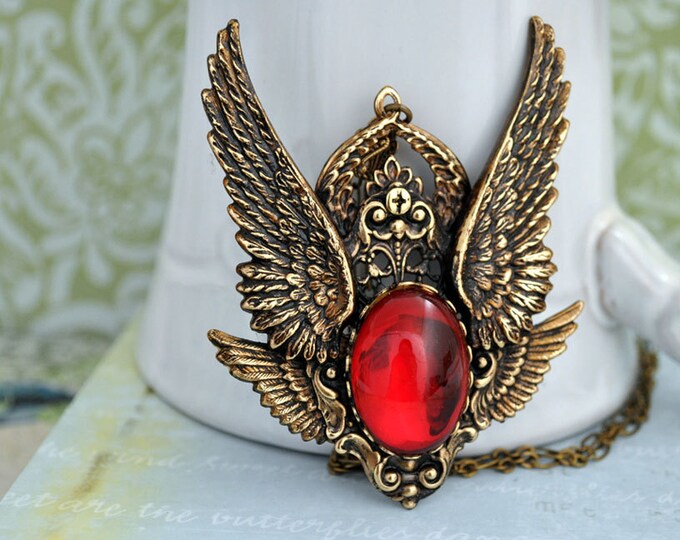 SERAPHIM Six Winged Angel Necklace in Antique Brass With Vintage Ruby ...