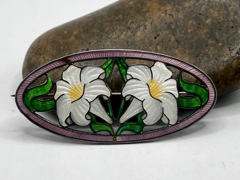 Easter Lily Flower Pin Victorian Antique Enamel 925 Sterling Silver ...
