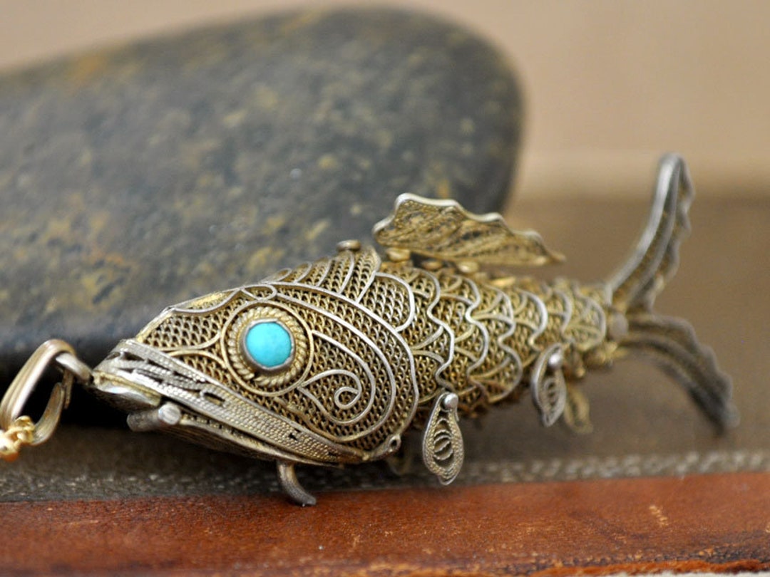 Vintage Articulated Fish Locket Necklace Blue Turquoise Eyes, Scent ...