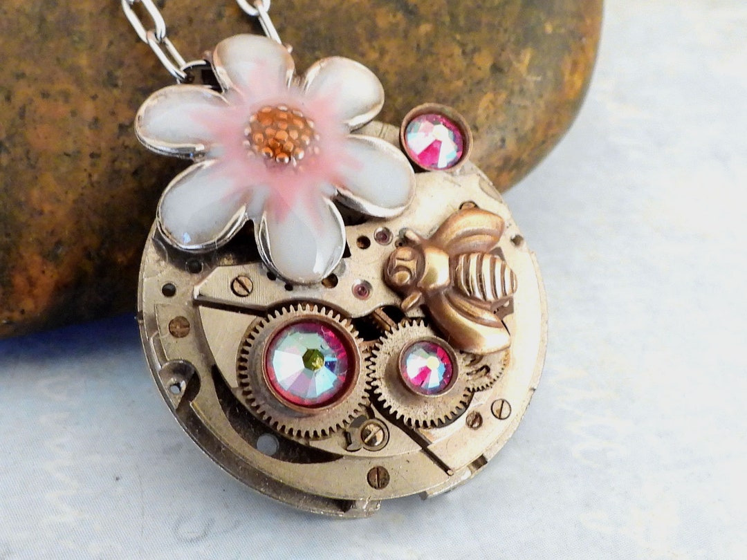 Steampunk Flower and Bee Vintage Watch Movement With Pink Flower Cute ...