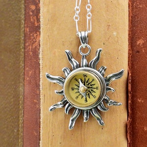 Silver Sun Compass Necklace Small Working Compass Charm Necklace Boho ...