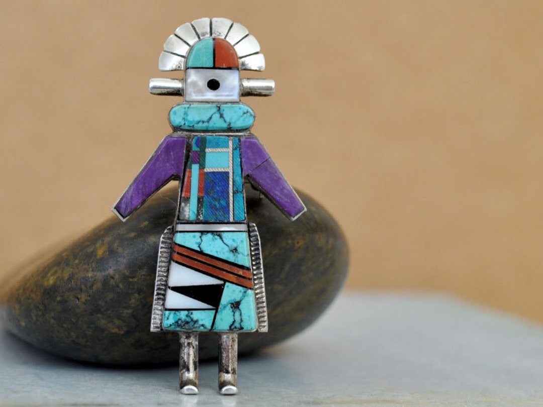 Silver Zuni Sunface Kachina Doll Turquoise Coral Shell Chief Necklace ...