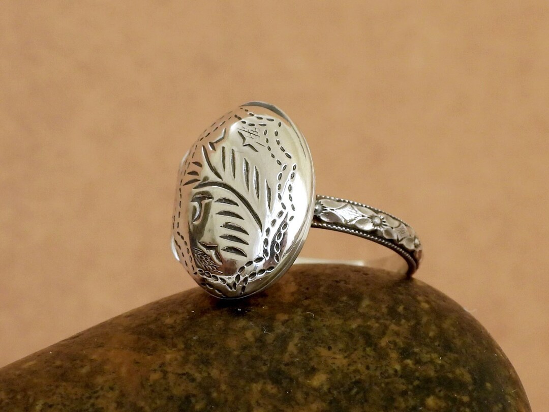 Silver LOCKET RING 925 Sterling Silver Handmade Floral Band Oxidized ...