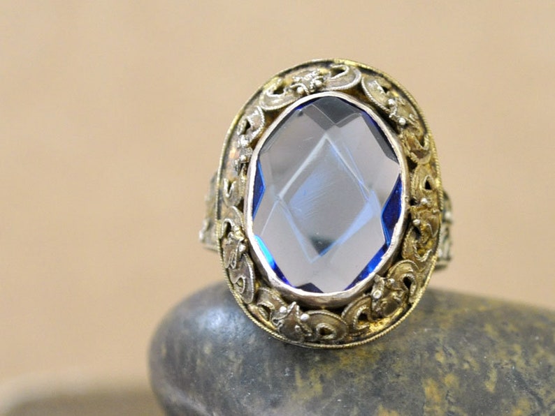 Antique 1900s Chinese Export Filigree Gold Gilt Blue Faceted Glass Ring ...