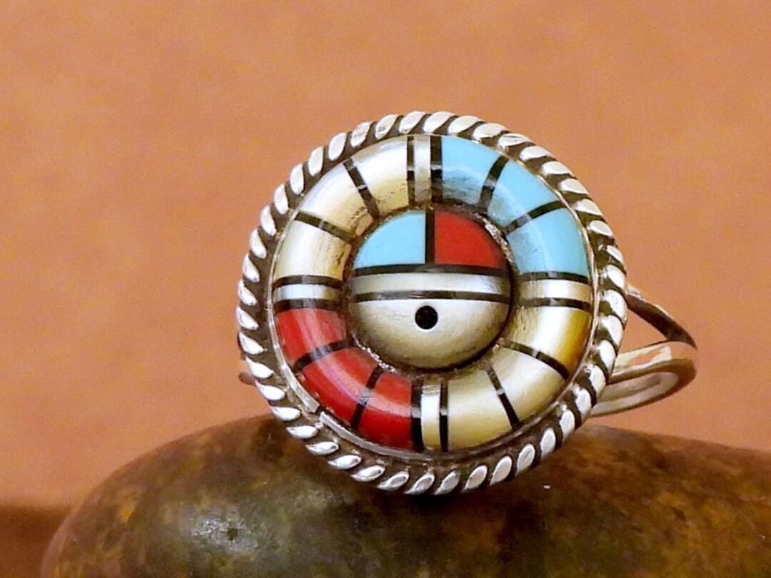 Vintage Silver Zuni Sunface Ring Sun Face Gemstone Inlay Ring 925 ...