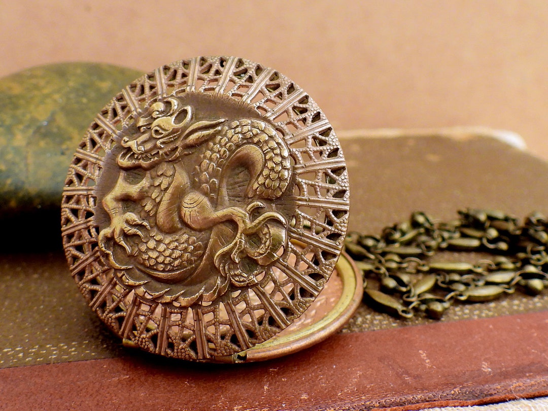 Statement Dragon Locket Necklace With Guard Chain, Victorian Filigree ...