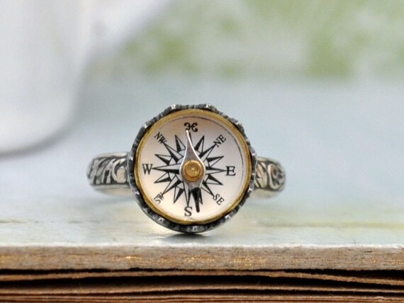Items similar to STERLING COMPASS RING hand made floral band oxidized ...