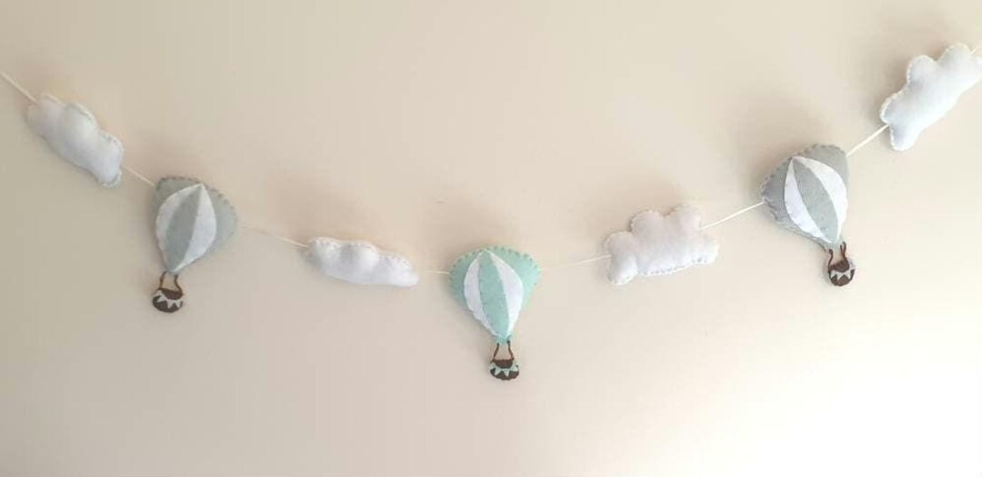 GREY MINT GREEN Hot Air Balloon and Clouds Garland Mobile Wall Hanging ...