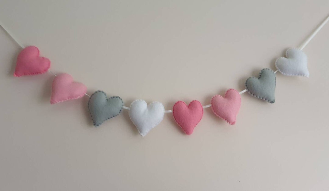 Pink Grey and White Felt Heart GARLAND Nursery Bedroom 8, 12 or 16 ...