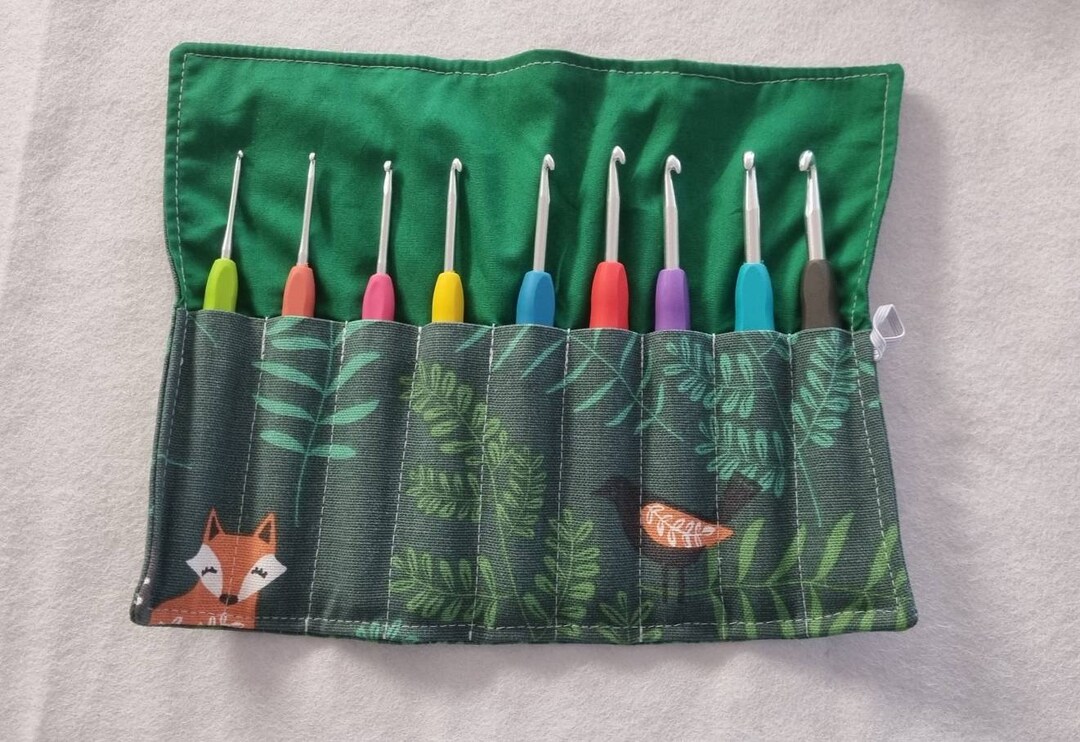 Crochet Hook Case Roll Holder Storage Forest Green Foxes Birds Fabric ...