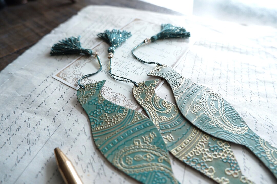 Dove Bookmark, Sea Green, Forest Green and Gold Tassel, Hand Dyed, Hand ...