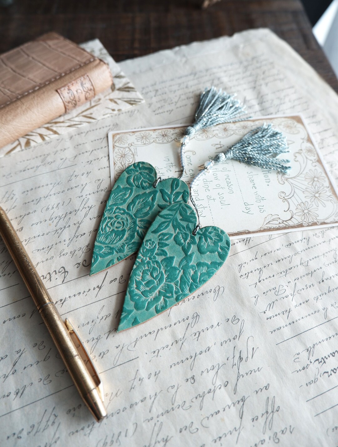 Heart Bookmark, Ash Mint, Sparkling Tassel, Hand Dyed, Hand Painted, - Etsy