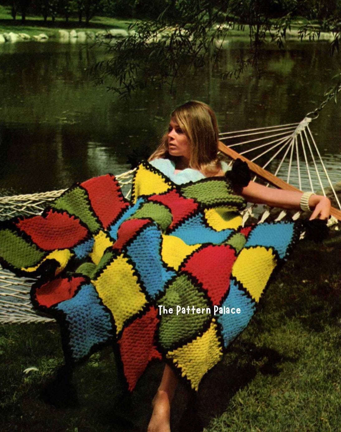 1960s Colourful Block Knit Throw Blanket Pattern Beginner Friendly Knit ...