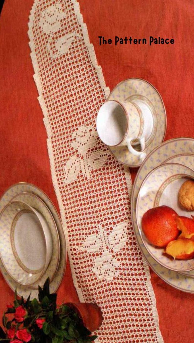 Vintage Crochet Antique Rose Table Runner Pattern | Filet Lace Rose ...