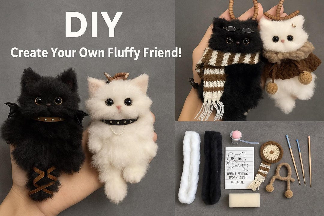 DIY Fluffy Cat Plush Keychain Kit – Cute Handmade Craft Set, Kawaii ...