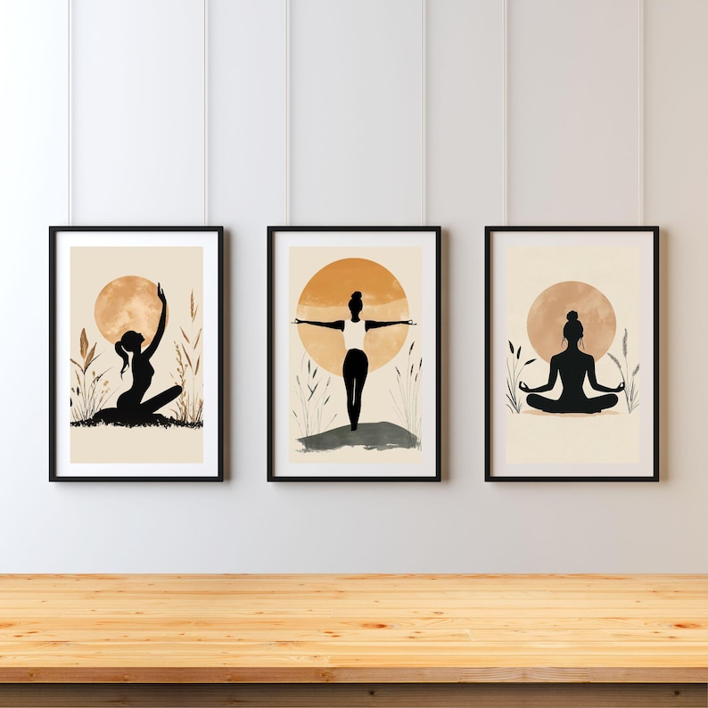 Set of 3 Boho Yoga Silhouette Digital Posters, Minimalist Wall Art in ...