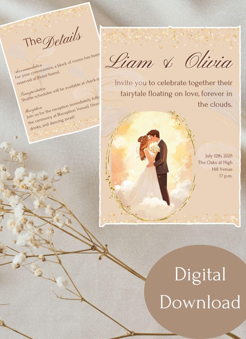 Ethereal Clouds Wedding Invitation Template: Romantic Gold Accents ...