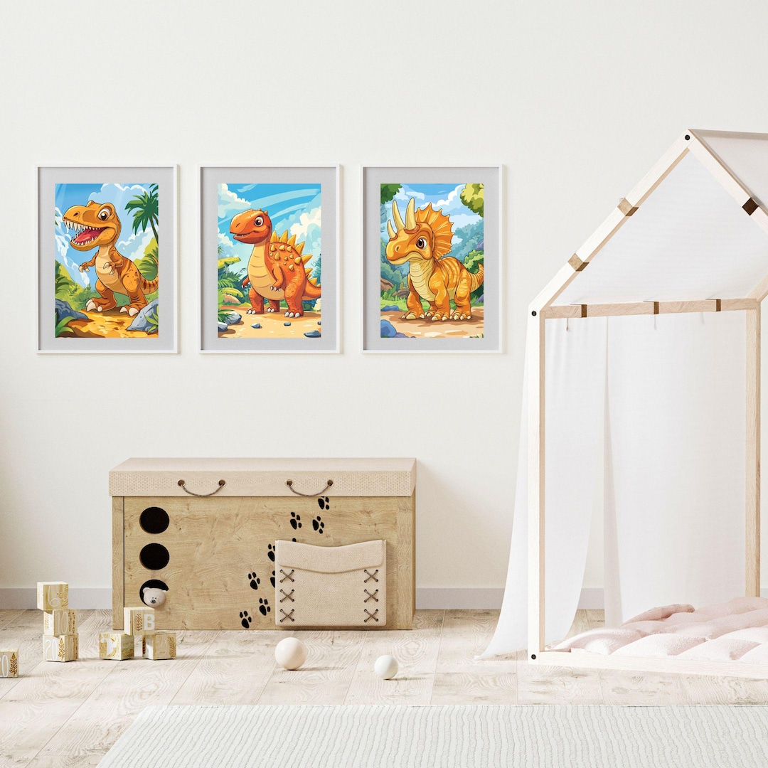 Colorful Dinosaur Poster Set for Kids Room - Cute Cartoon Dino Posters ...