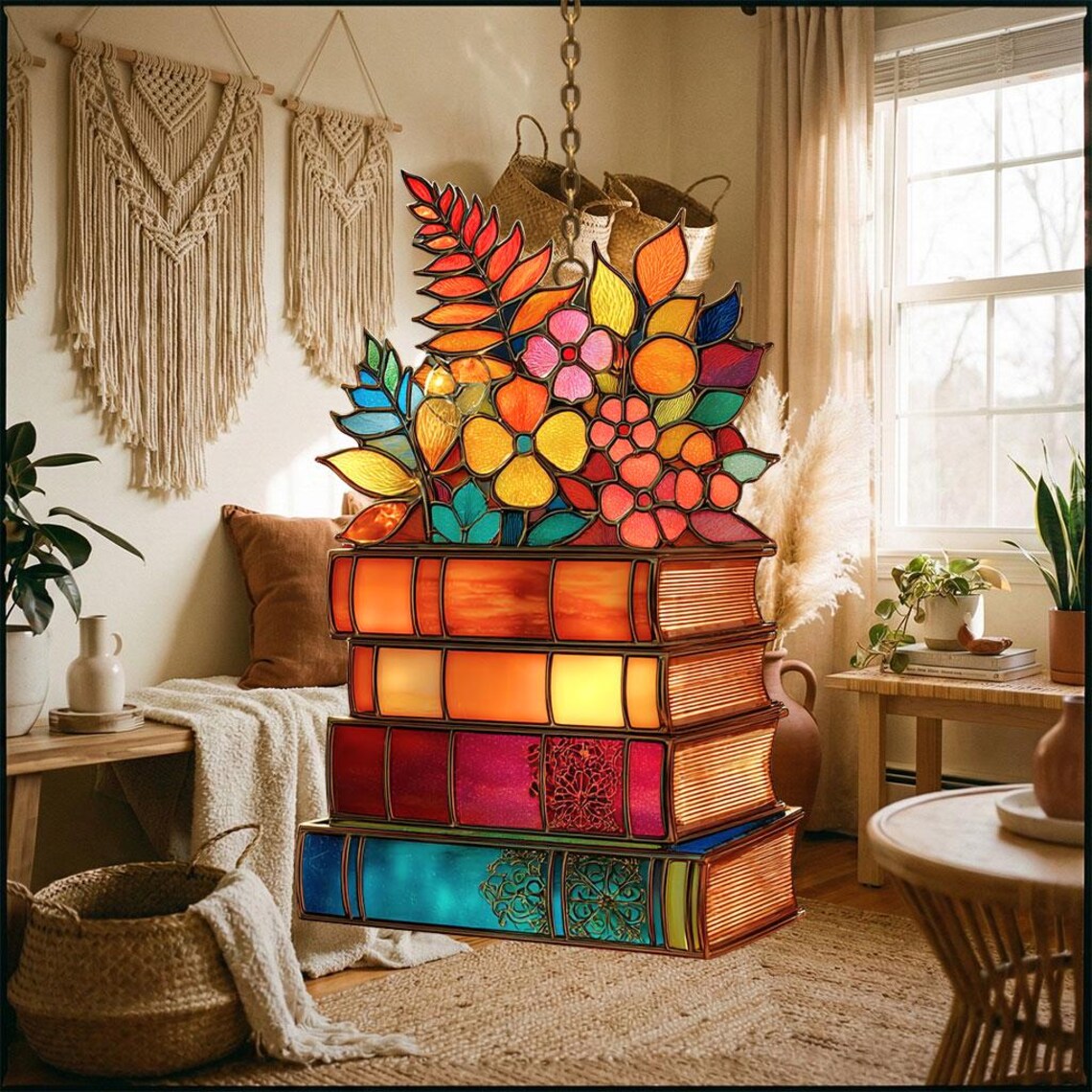 Floral Book Stack Acrylic Suncatcher, Colorful Window Art - Etsy