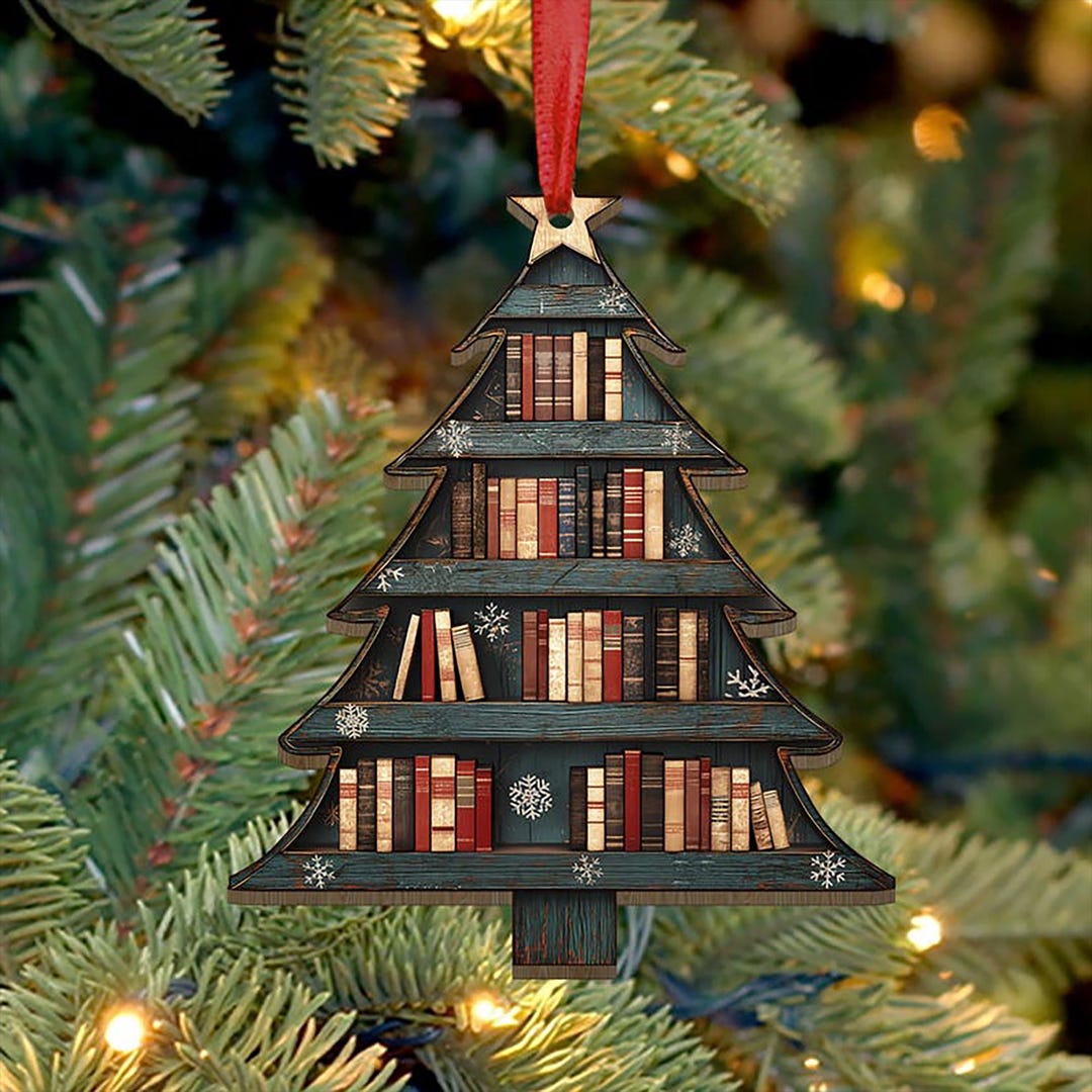 Rustic Bookshelf Christmas Tree Ornament, Vintage Book Lover Holiday ...