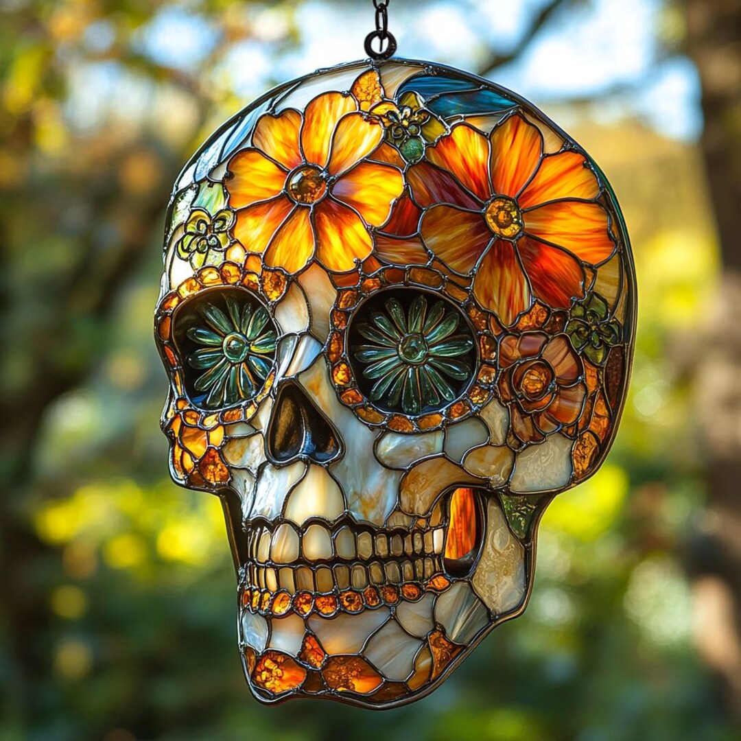 Fall Floral Skull Suncatcher, Dia De Los Muertos Sugar Skull Acrylic ...