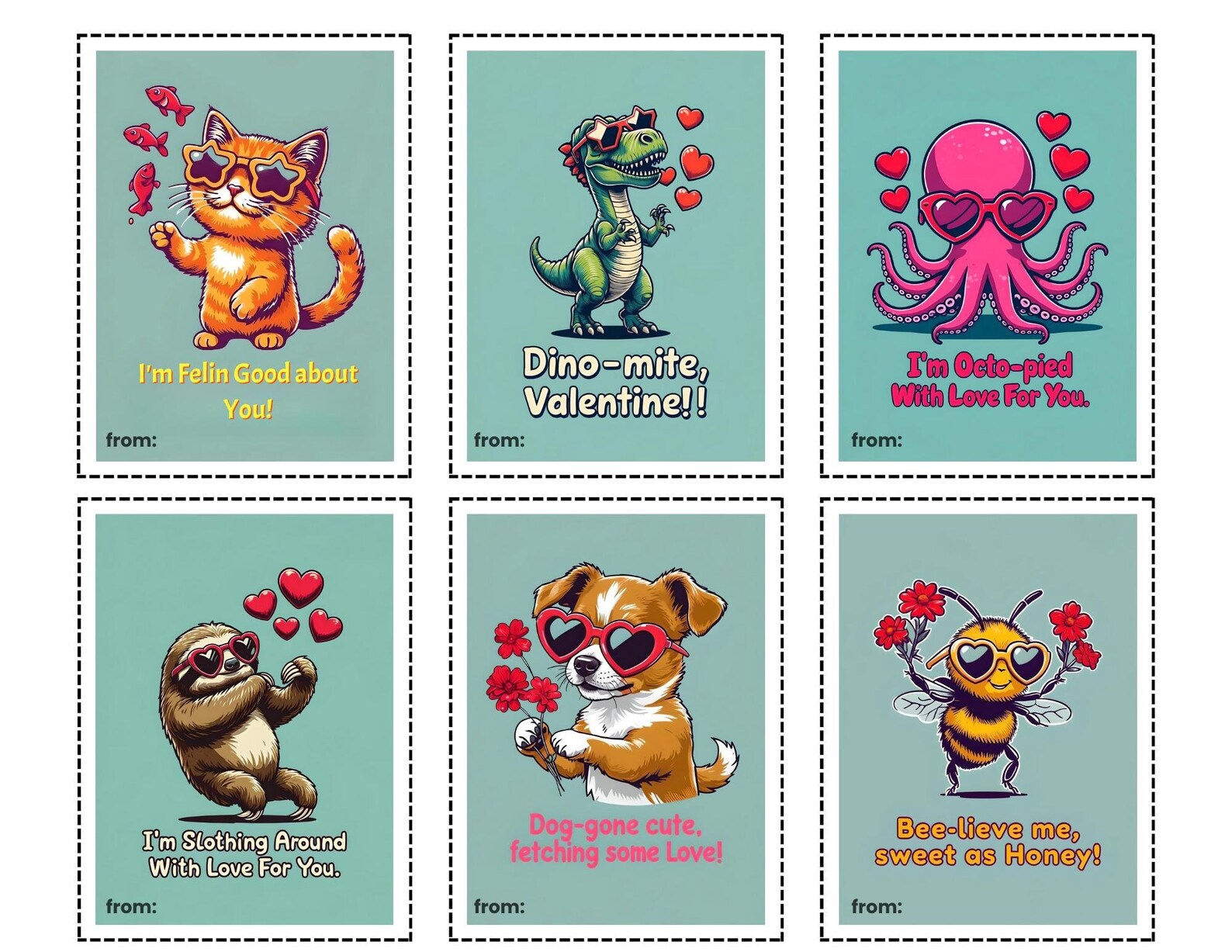 Cute Cartoon Animals Valentine Cards for Kids, Printable Classroom ...