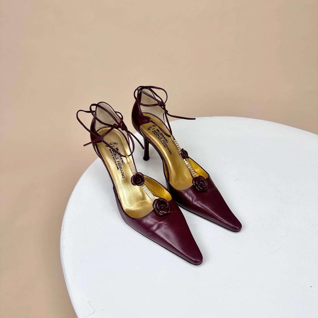 EU 37 | Early 2000s Burgundy Leather Pointed‑toe T‑bar Heels - Etsy