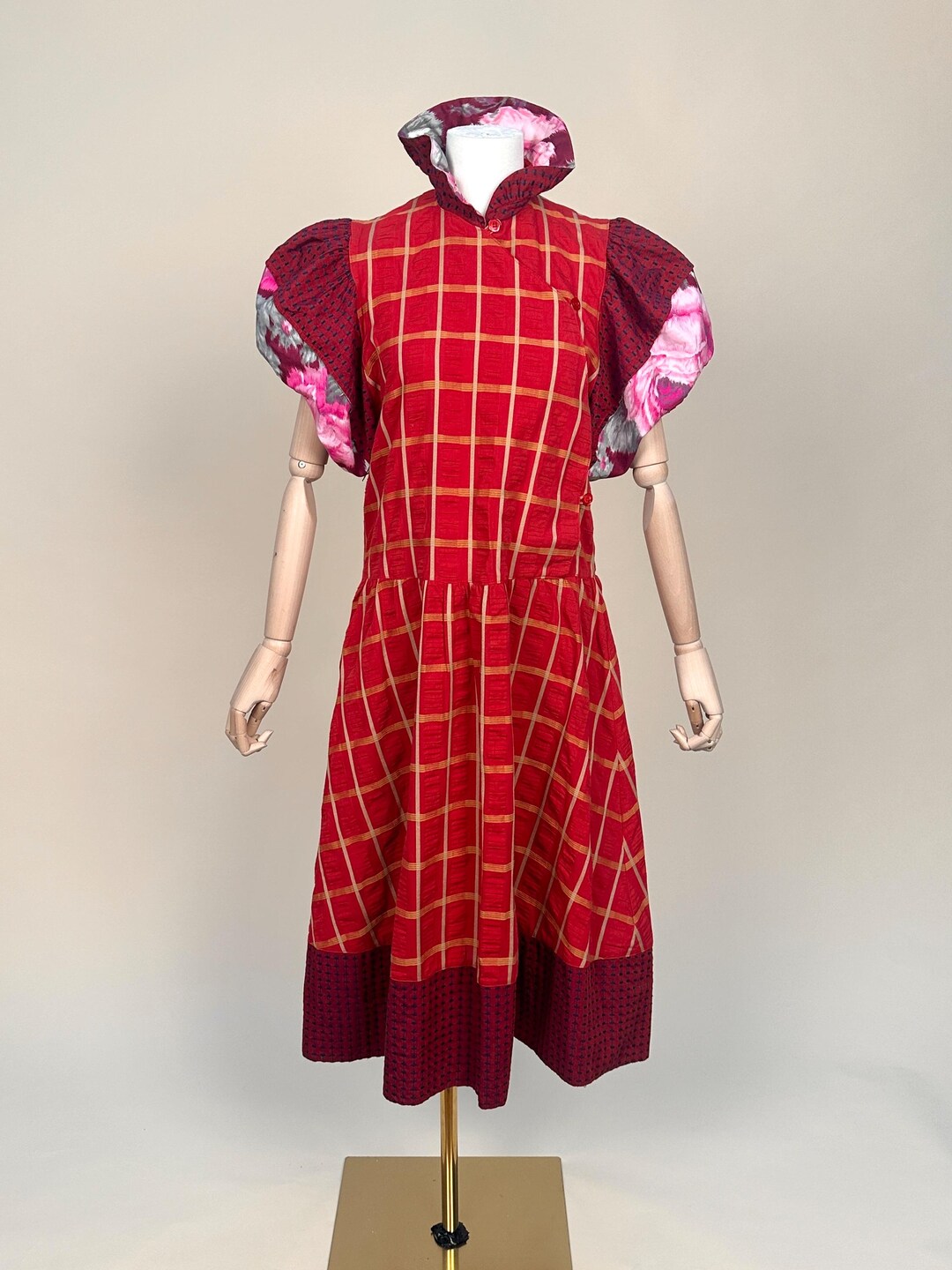 L | KENZO 1980s Red Cotton Checked Dress With Puff Sleeves - Etsy
