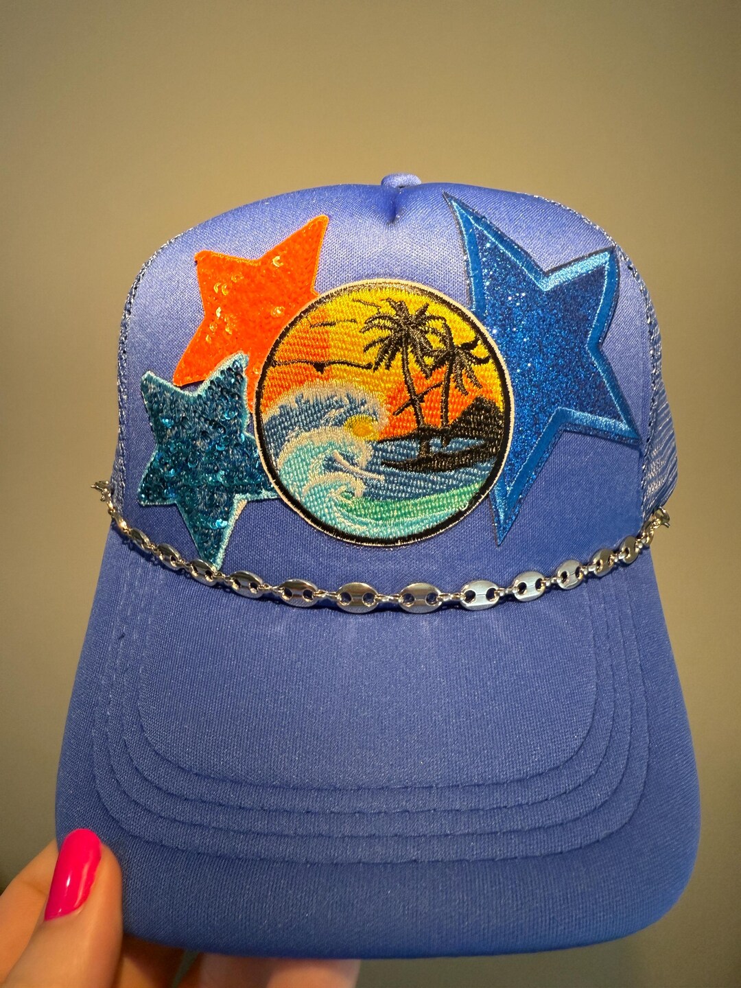 Tropical Sunset Trucker Hat: Royal Blue Island Patch, Sequined Stars - Etsy