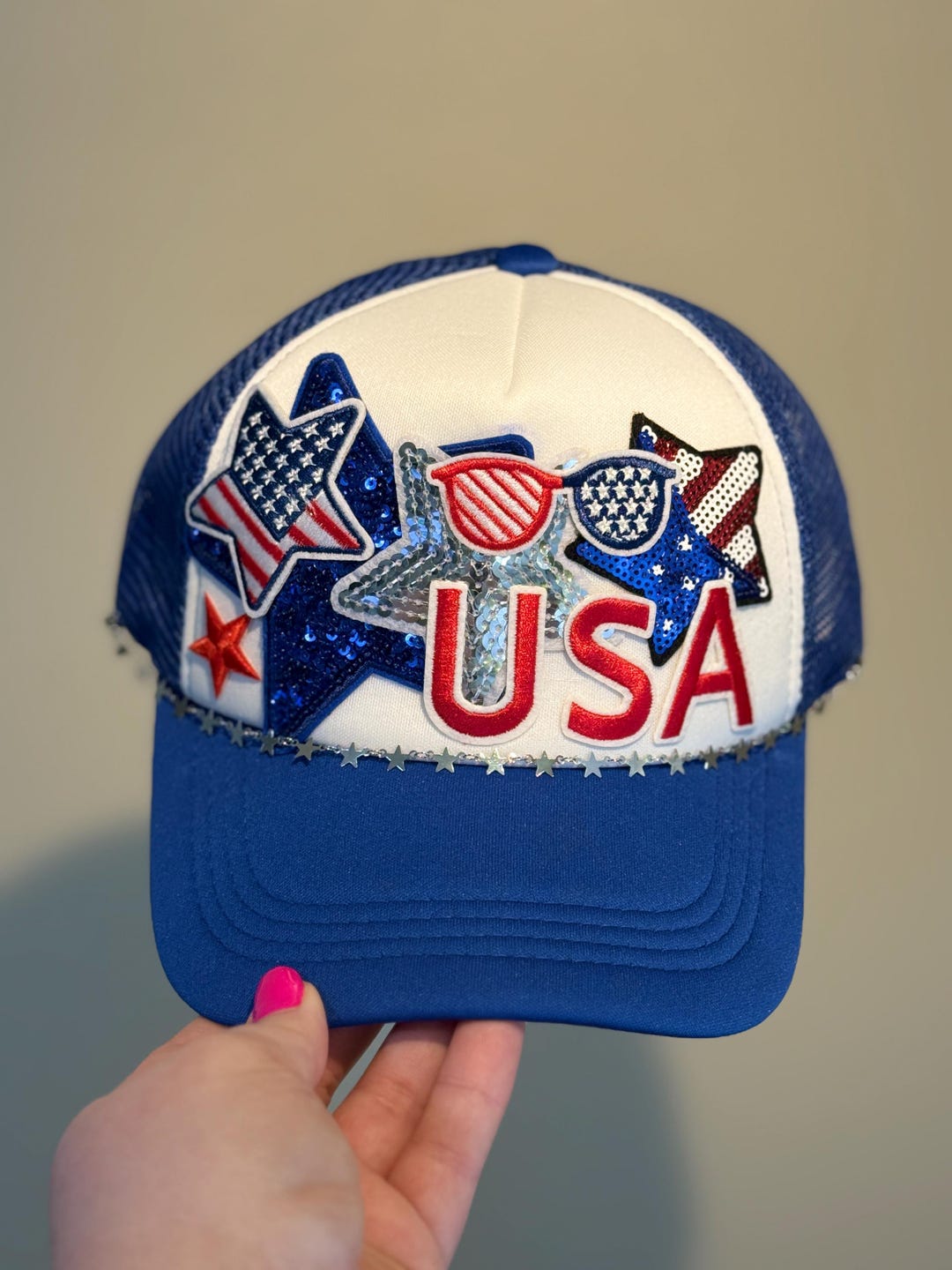 USA Star Sunglasses Patriotic Trucker Hat | 4th of July Glitter Hat ...