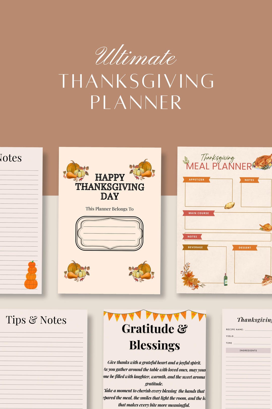 Printable Thanksgiving Planner Bundle: Menu Template , Recipes, Grocery ...