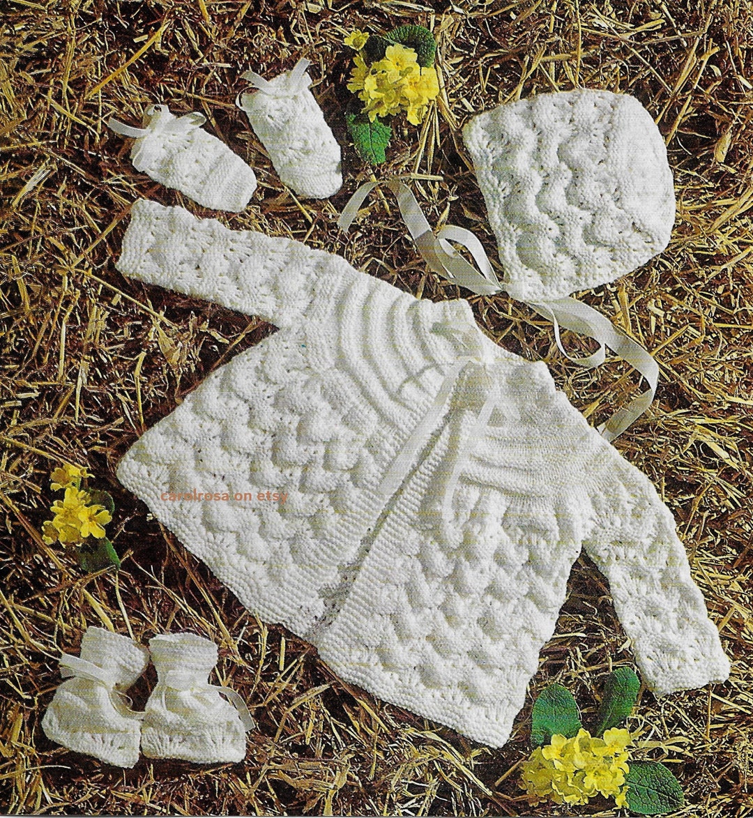 Knitting Pattern Matinee/cardigan, Bonnet, Booties and Mitts DK or 4 ...