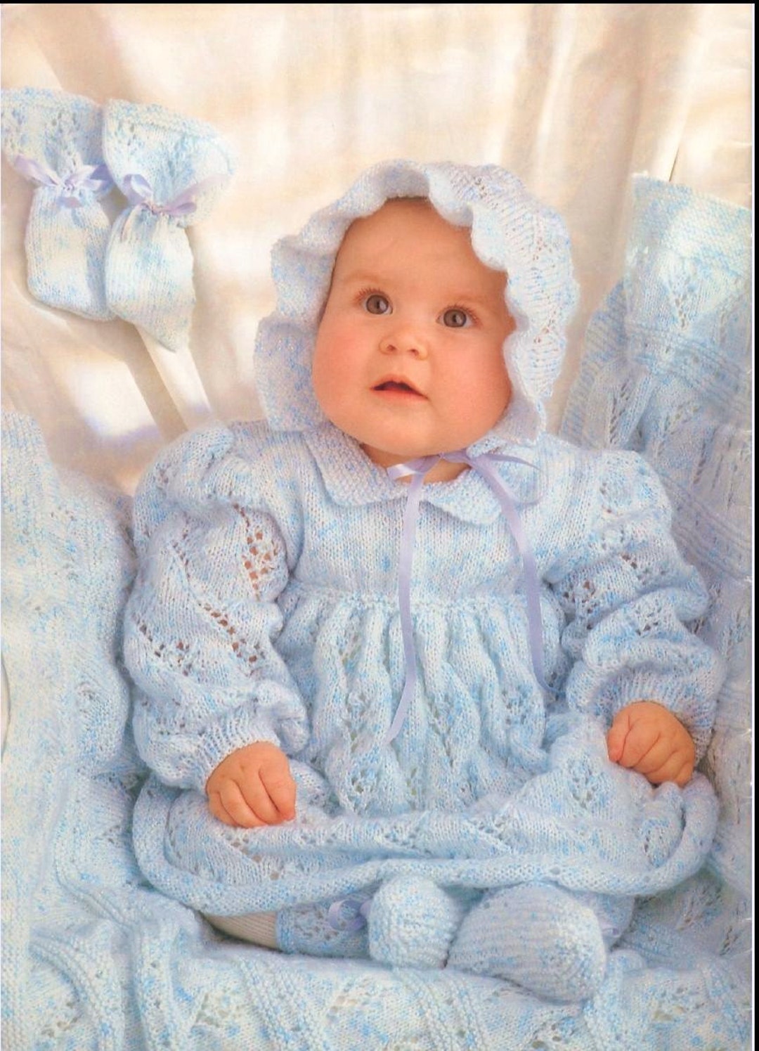 Vintage Baby Knitting Pattern PDF DOWNLOAD - Dress Bonnet Booties Mitts ...