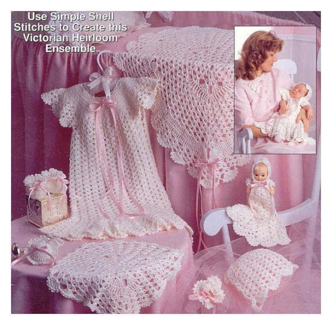 Baby Crochet Pattern - Layette Set, Blanket, Dress, Bonnet, Booties ...