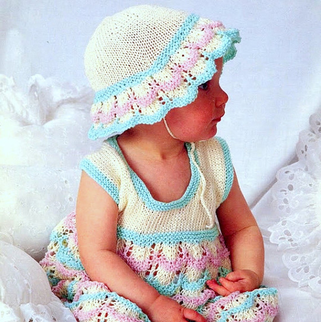 Vintage Knitting Pattern PDF Baby Summer Sun Dress and Sun Hat 4ply ...