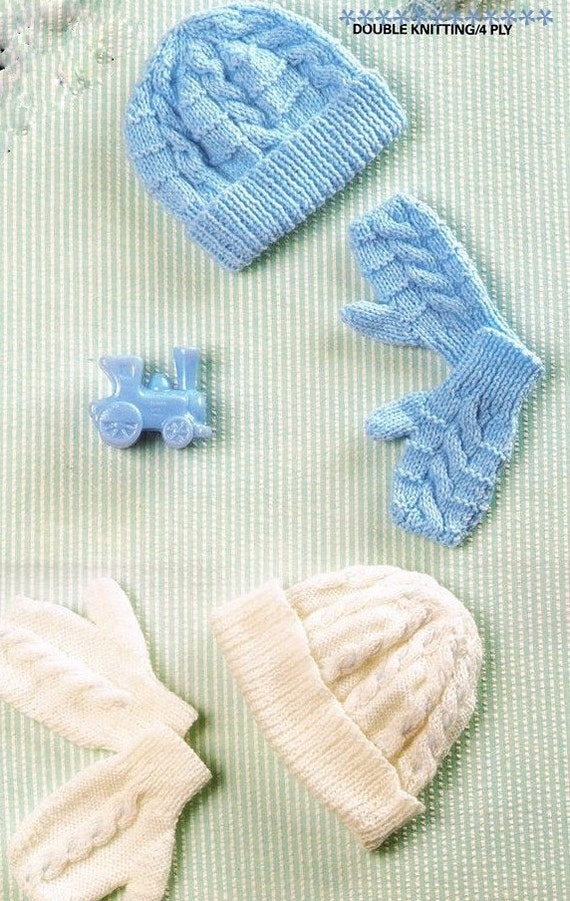 Baby Knitting PATTERN Hats and Mittens 6 to 18 months Cable Knit Hat and Mitts Easy Knit PDF download