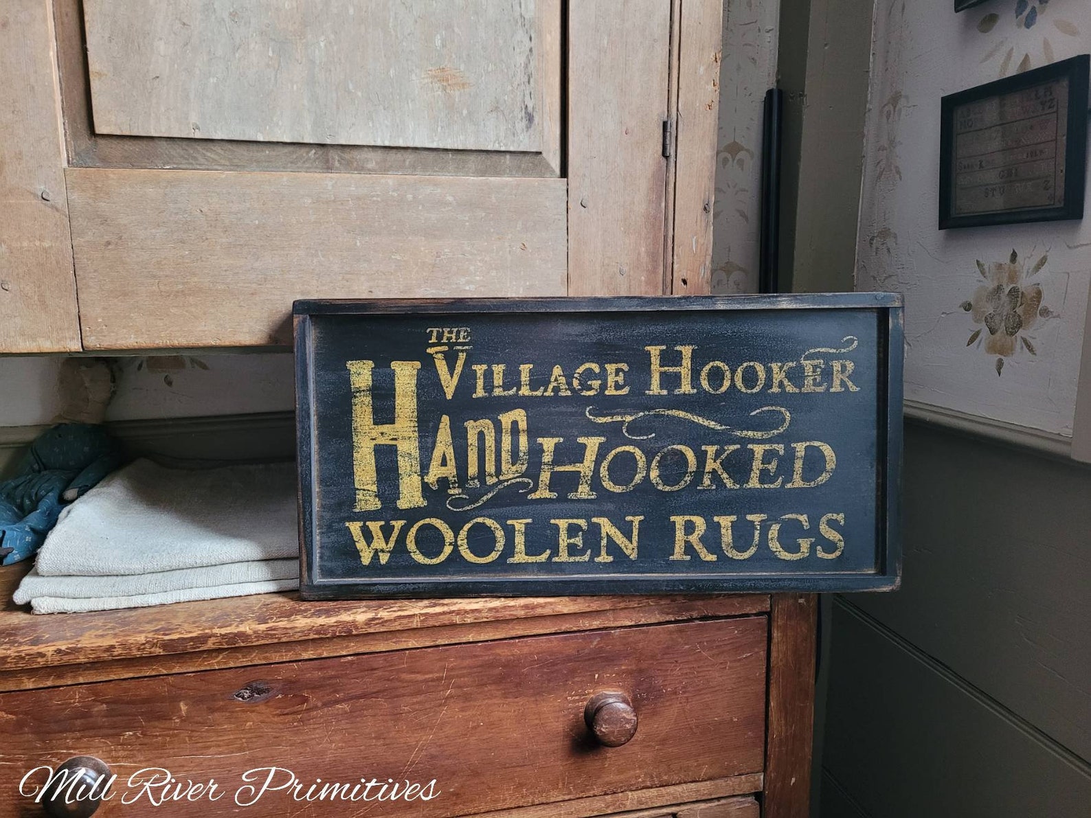Primitive Hand Hooked Wool Rugs Wooden Sign Custom Personalized Rustic ...