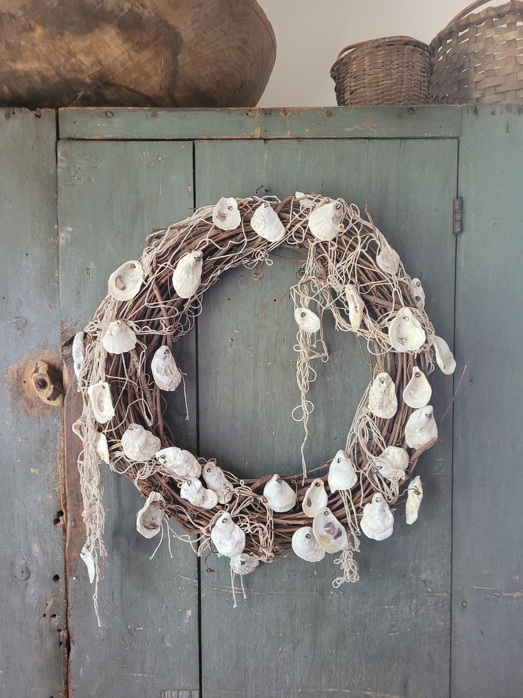 Oyster Shell and Net Twig Wreath Nautical Decor Beach House Summer ...
