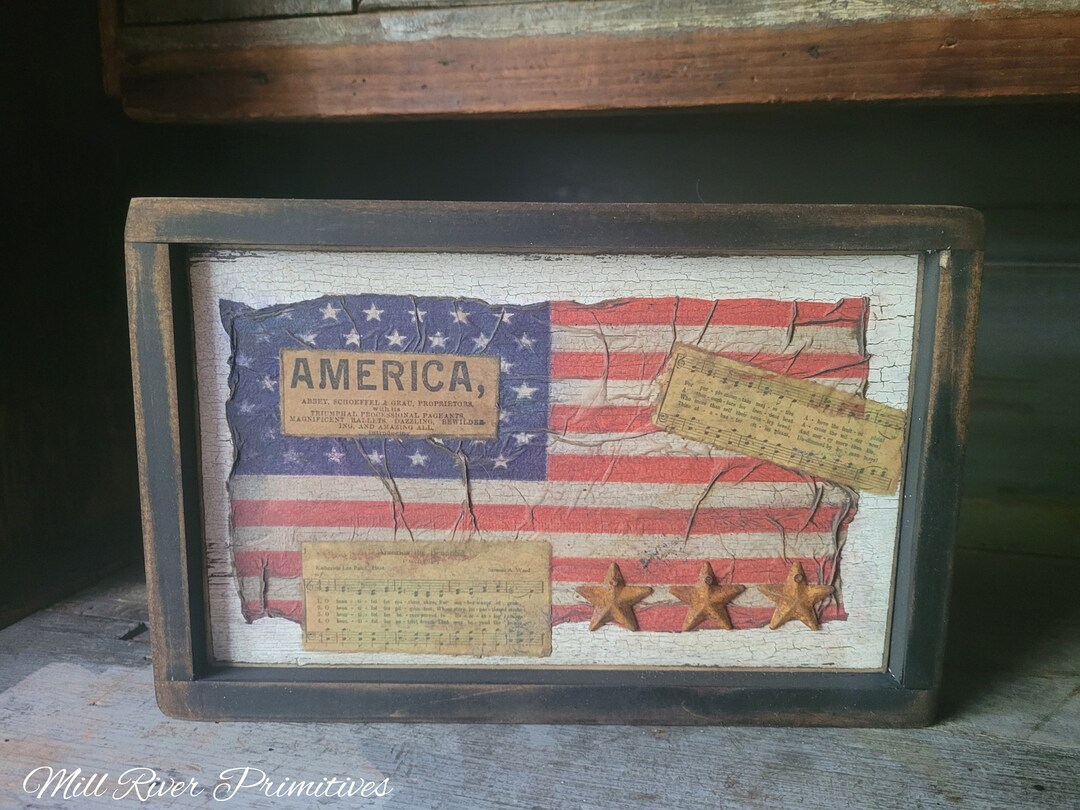 Small Primitive USA American Flag America Ephemera Mixed Media Wooden ...