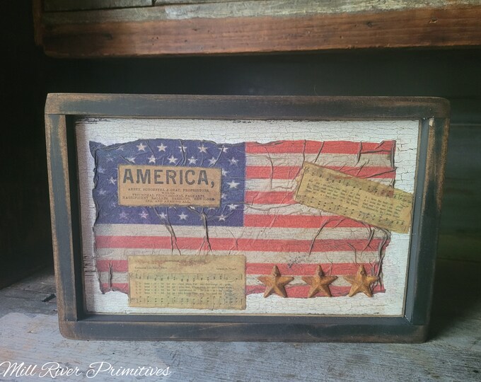Small Primitive USA American Flag America Ephemera Mixed Media Wooden ...