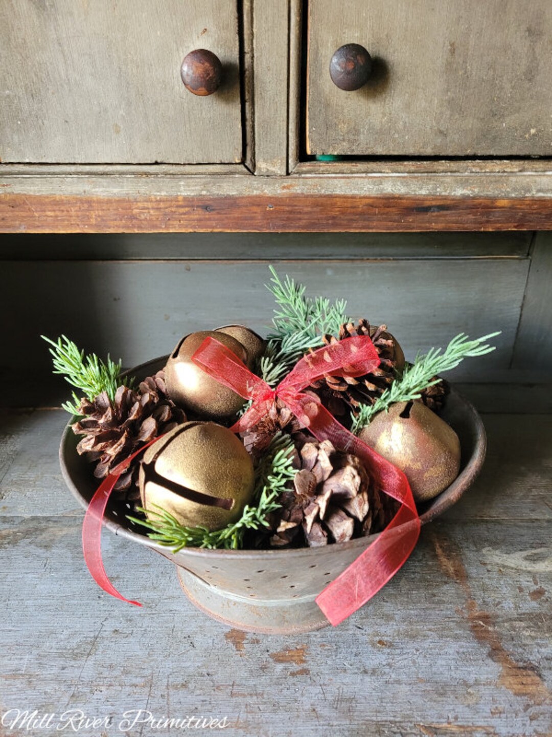 Primitive Rusty Antique Tin Colander With Pine Cones, Jingle Bells and ...