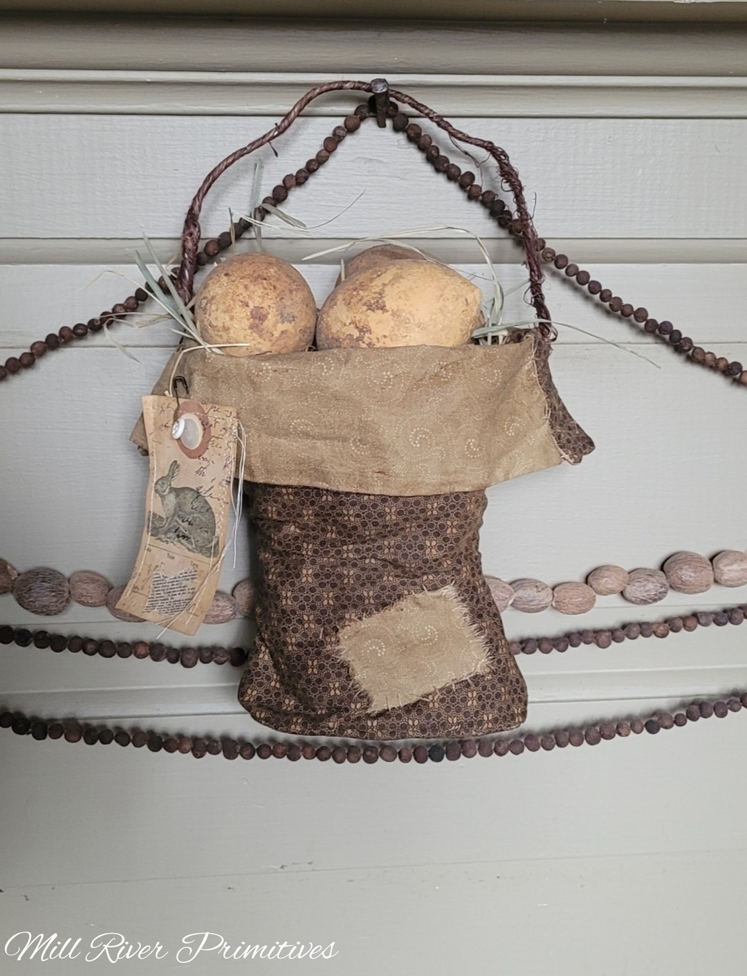 Primitive Netty Basket With Gourd Eggs Brown Reproduction Fabrics ...