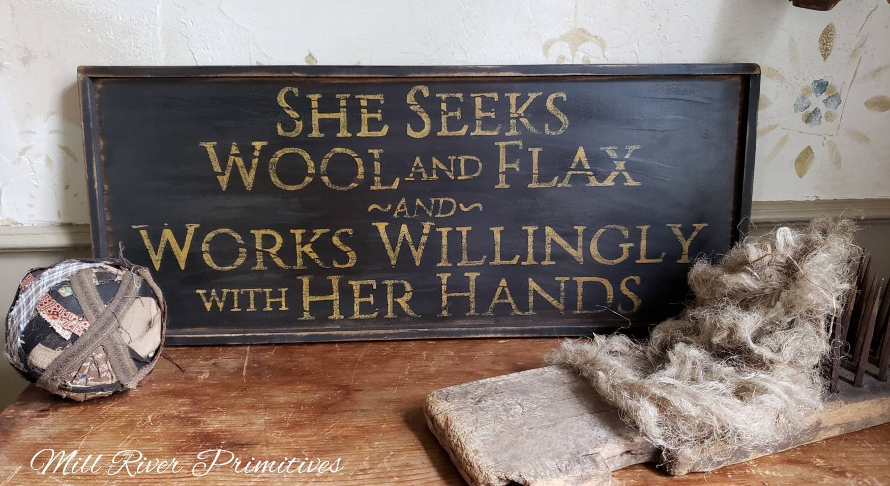 Primitive She Seeks Wool and Flax Wooden sign | Etsy