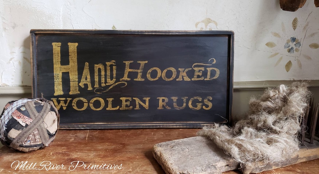 Primitive Hand Hooked Wool Rugs Wooden Sign Custom Personalized Rustic ...