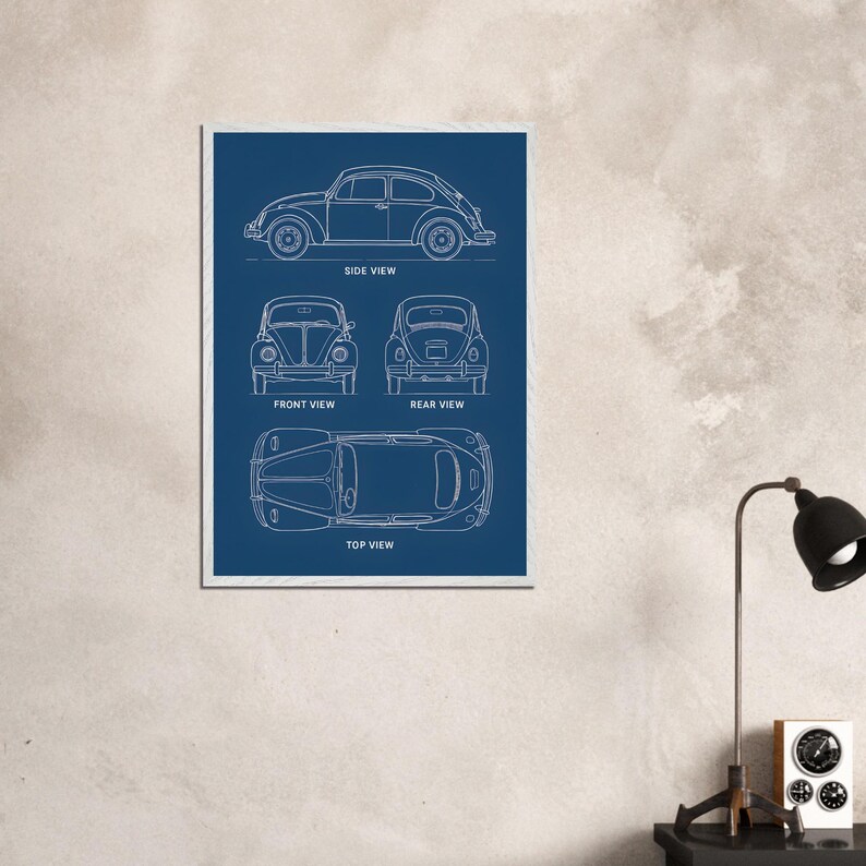 Retro VW Beetle Blueprint Poster - Handmade Framed Wall Art - Unique ...