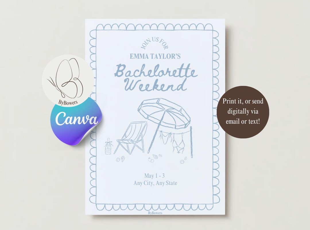 Emma Template - Blue Bachelorette Invite (digital Customizable Canva ...